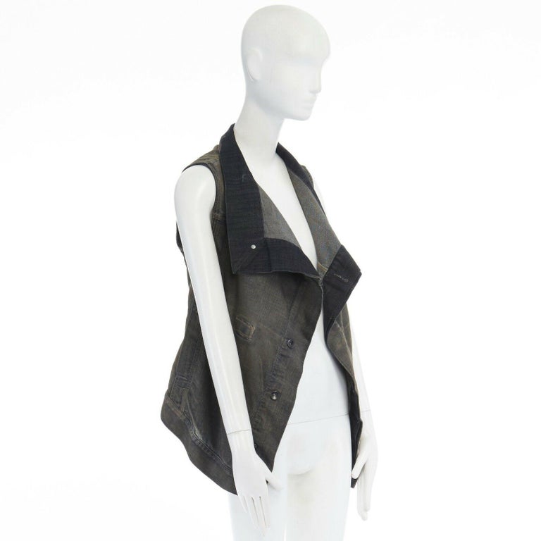 DRKSHDW RICK OWENS washed denim draped collar Exploder wrap vest jacket ...