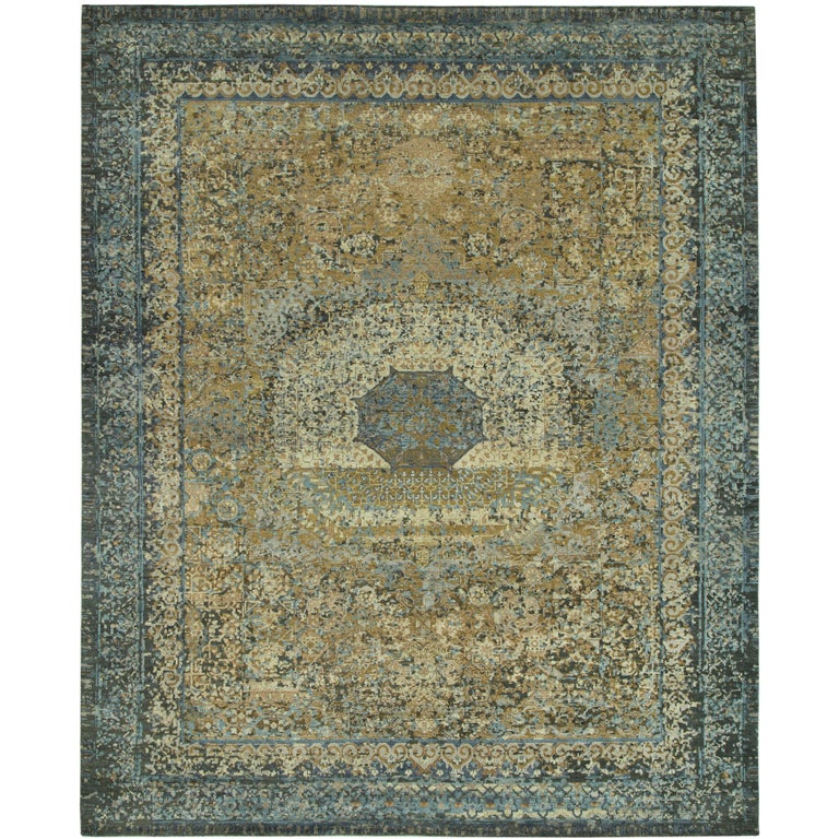 "Drona" Blue Gold Hand-Knotted Area Rug, In Stock For Sale at 1stdibs