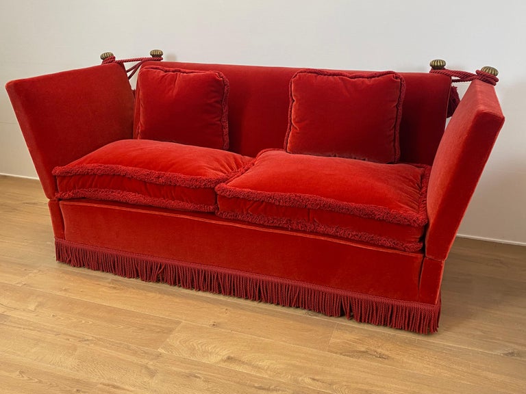 Drop Arm Knoll Style Sofa in an Orange-Red Velvet For Sale at 1stDibs