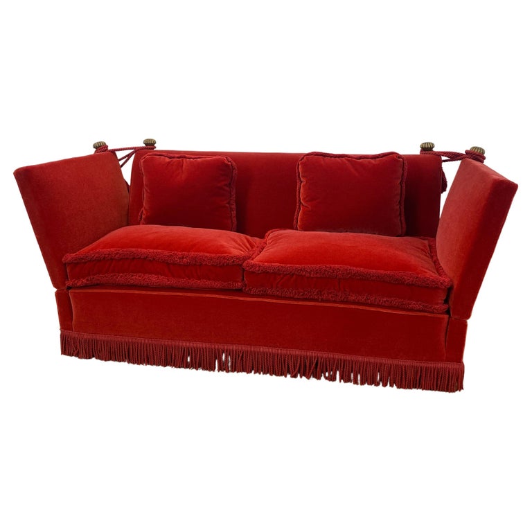 Drop Arm Knoll Style Sofa in an Orange-Red Velvet For Sale at 1stDibs