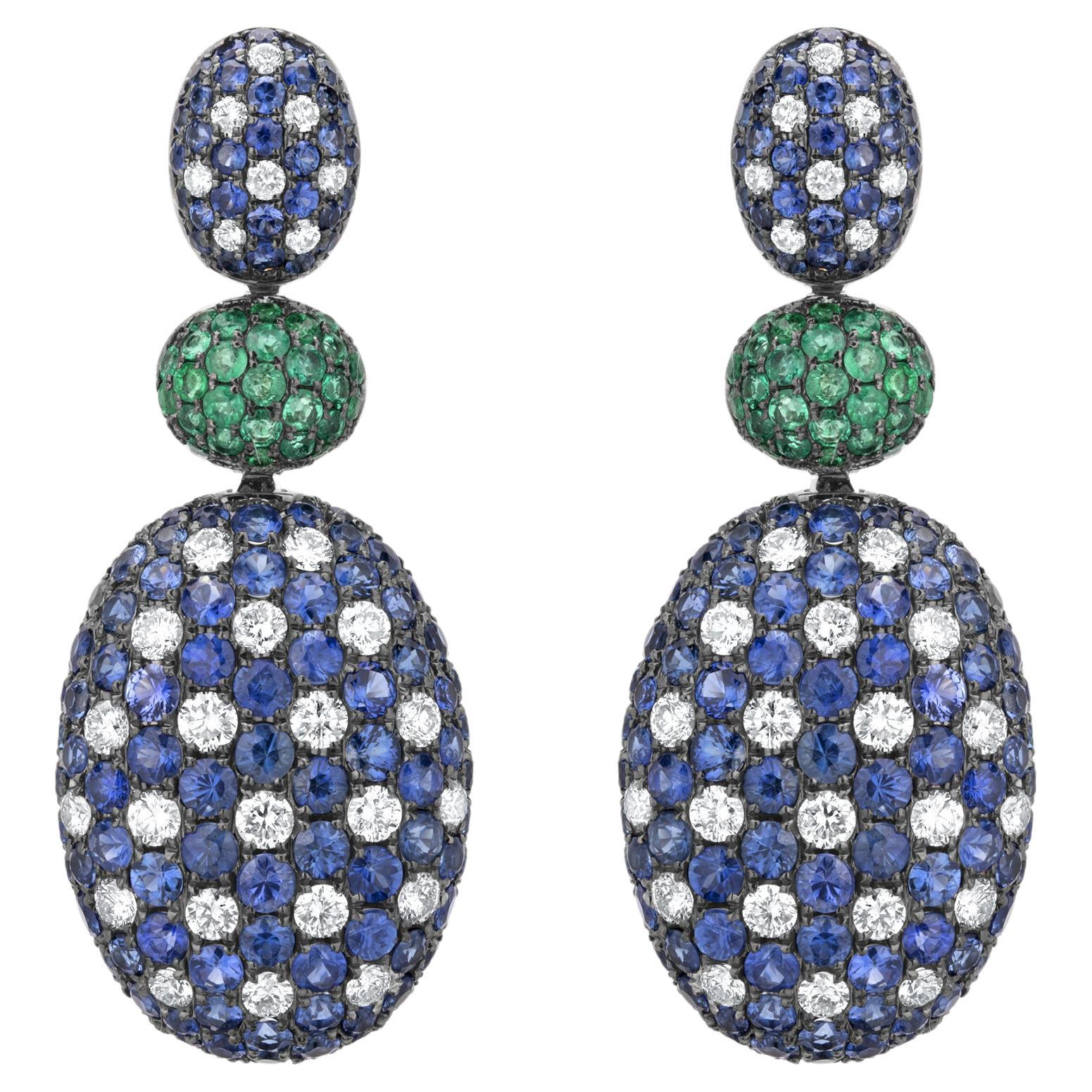 Multi-Color Elongated Earrings with Clusters of Gemstones and Diamonds ...