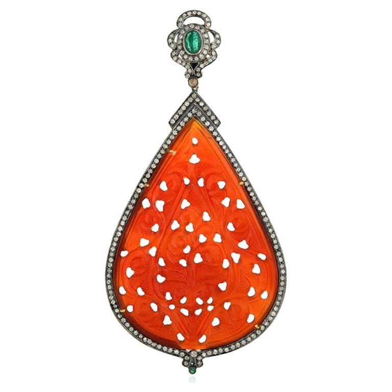 Drop Shaped Carved Agate With Emerald and Pave Diamonds Made In 18k ...