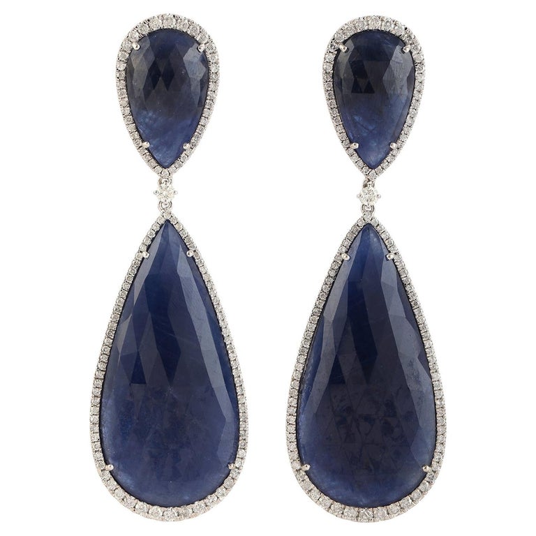 Drop Shaped Dangle Earring with Blue Sapphire and Diamonds Made in 18k ...
