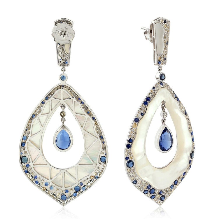 Drop Shaped Pearl and Multi Gemstone Dangle Earring with Diamonds in ...