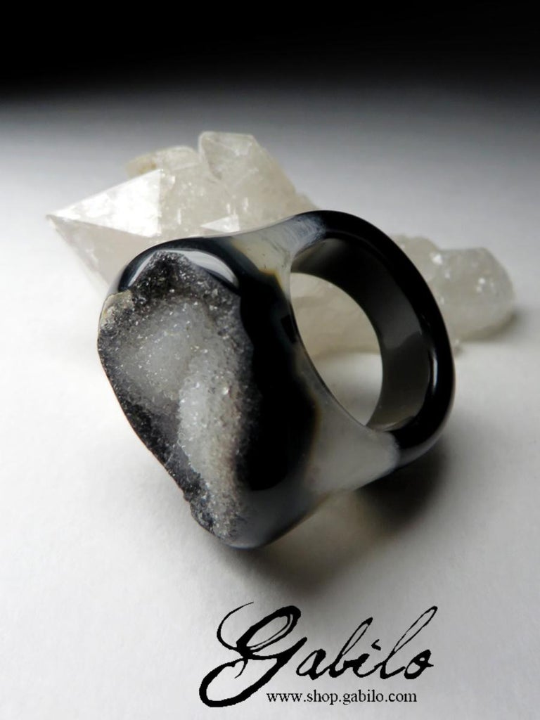 Druzy Quartz Ring Solid Stone Bicolor Black White Raw Crystals For Sale ...