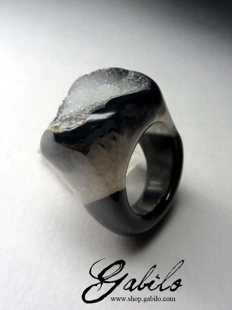 Druzy Quartz Ring Solid Stone Bicolor Black White Raw Crystals For Sale ...