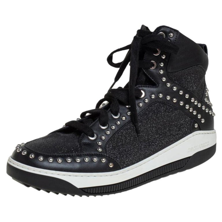 Dsquared2 Black Leather And Glitter Studded High Top Sneakers Size 40 ...
