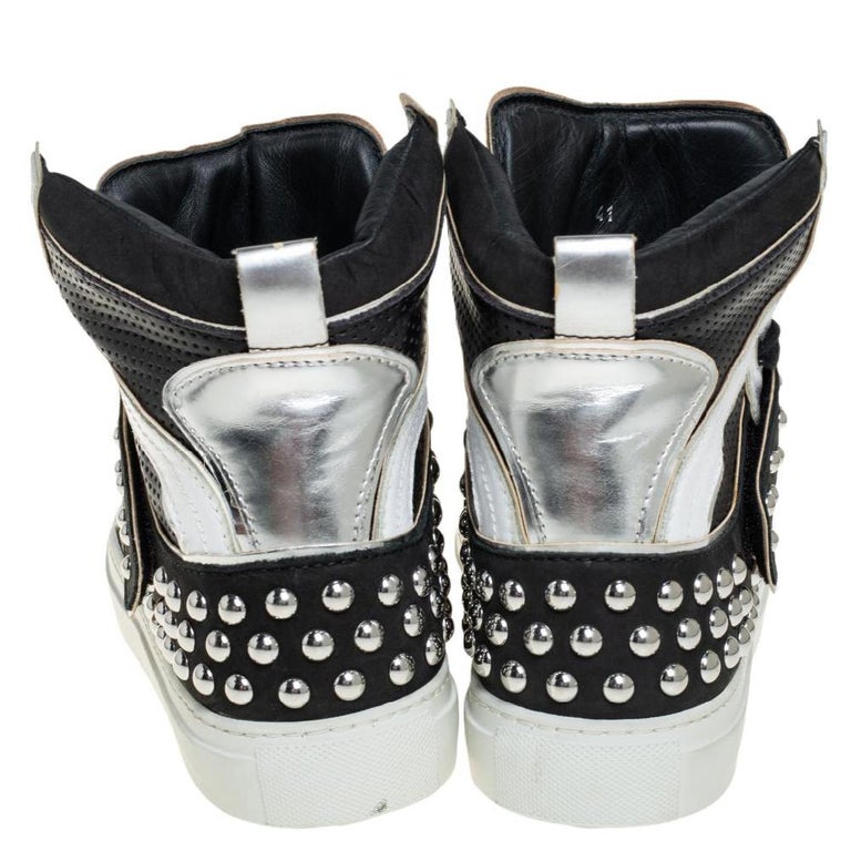 Dsquared2 Black/White Leather And Nubuck Studded High Top Sneakers Size ...