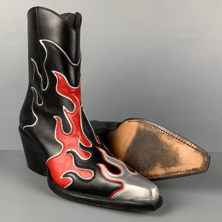 DSQUARED2 Size 11 Black Red Silver Flames Leather Cowboy Ankle Boots at ...