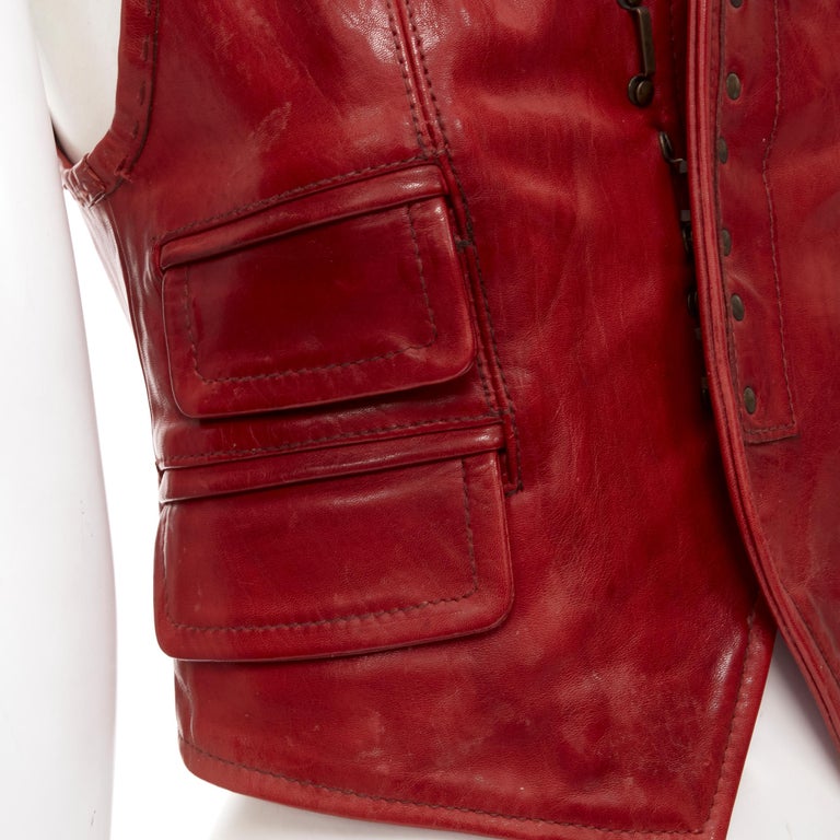 DSQUARED2 Y2K distressed red leather hook bar cropped vest S For Sale ...