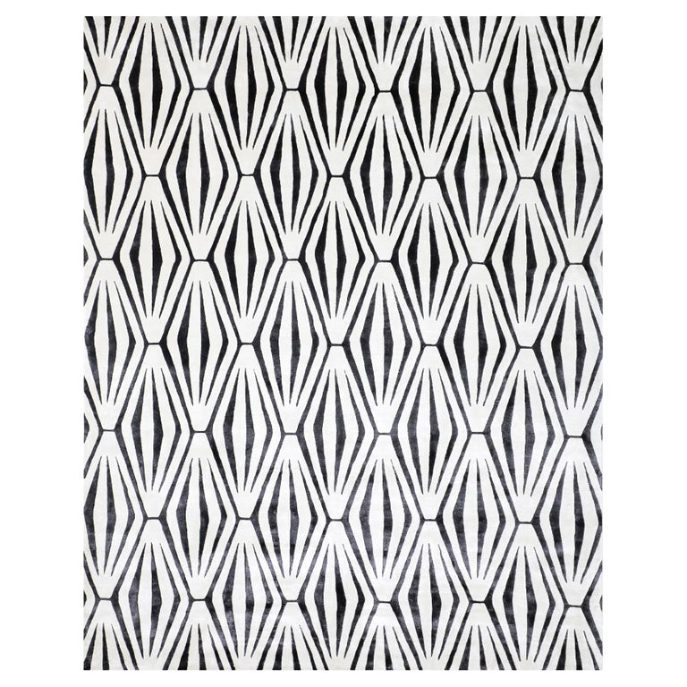 DUAL Hand Knotted Modern Geometric Silk Rug in Black and White Colour ...