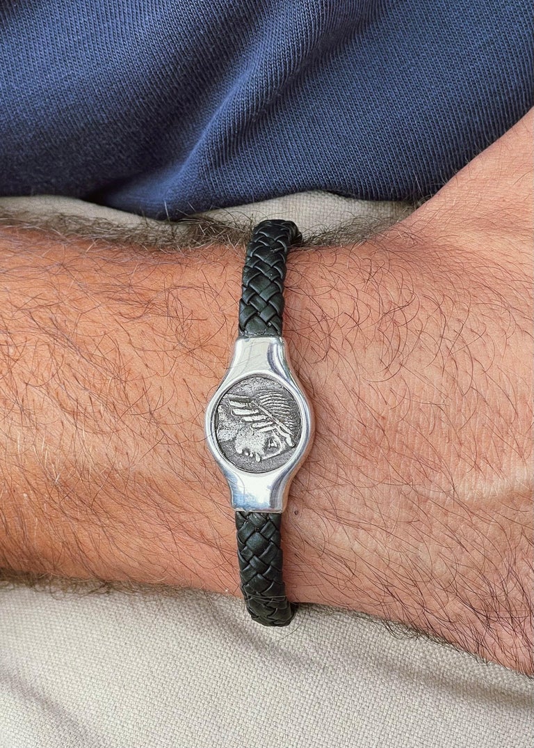 Dubini Apollo Ancient Coin 18 Karat Yellow Gold Calfskin Braided Bracelet For Sale at 1stDibs