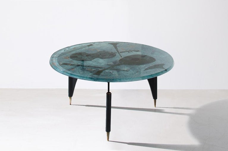 Duilio Barnabè Rare Coffee Table Decorated Ground Crystal Glass Top For ...