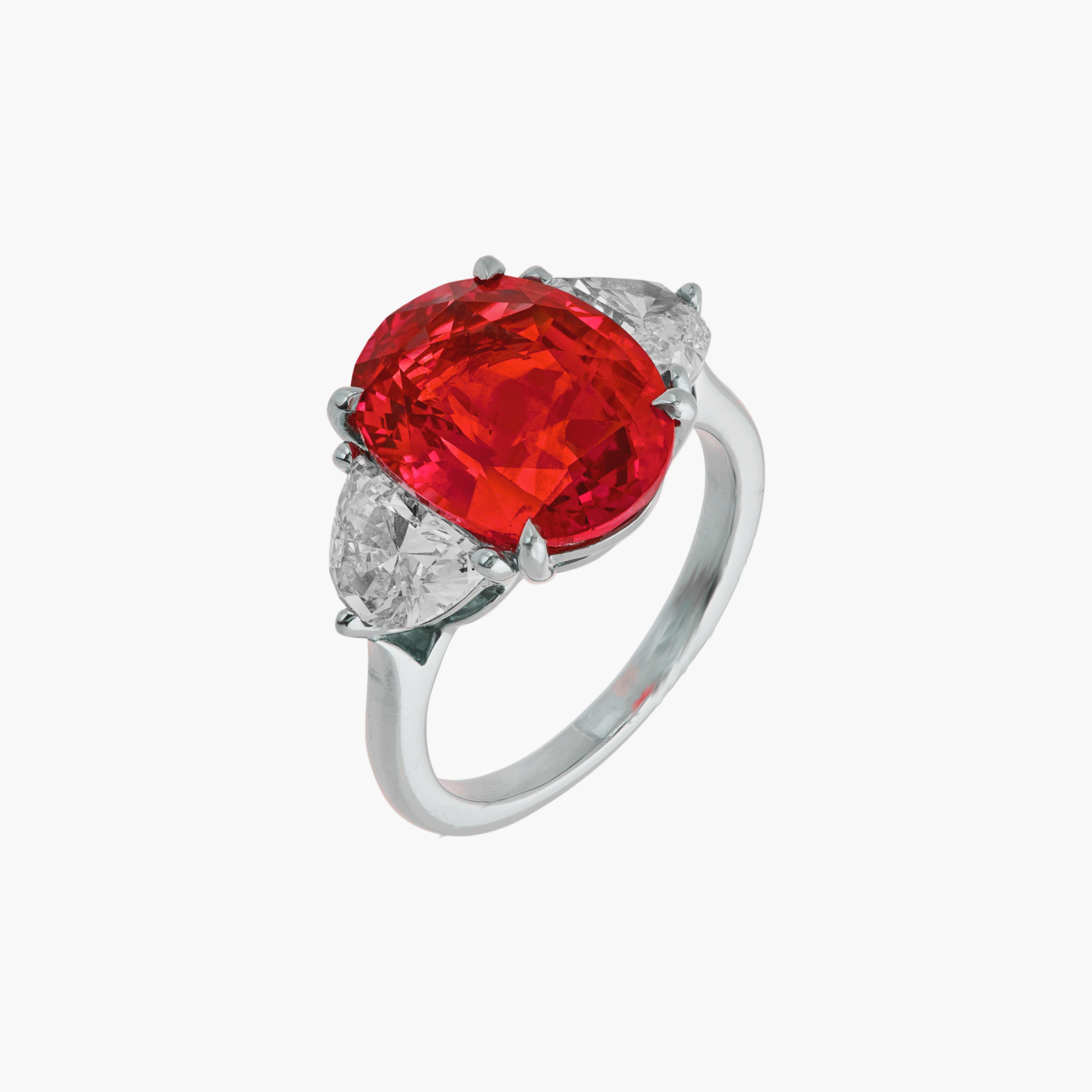 Dunaigre Certified 4 Carat Vivid Red Ruby Platinum Three-Stone Ring For Sale at 1stDibs