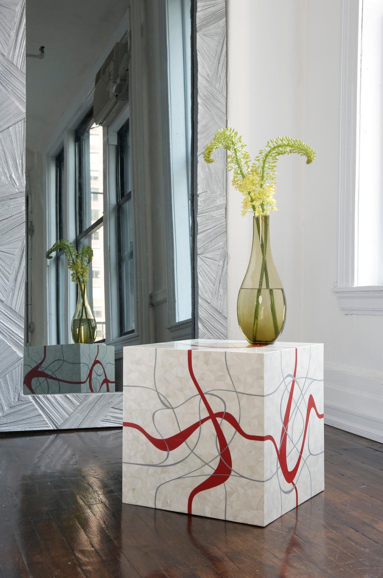 Dune Modern Cube Shaped Table in Bone with Grey and Red Resin Inlay For ...