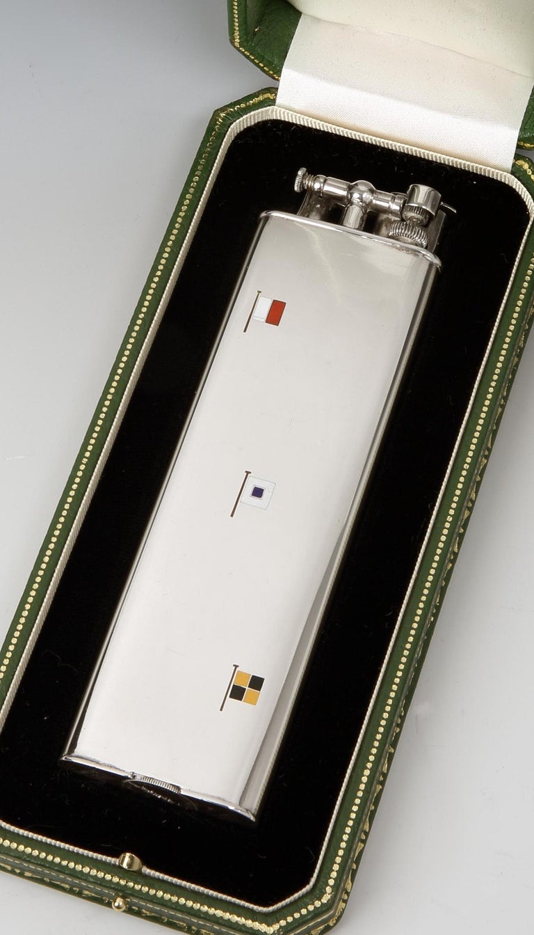 Dunhill for Cartier Art Deco Sterling Silver Lighter, with Enamel Flags For Sale at 1stDibs