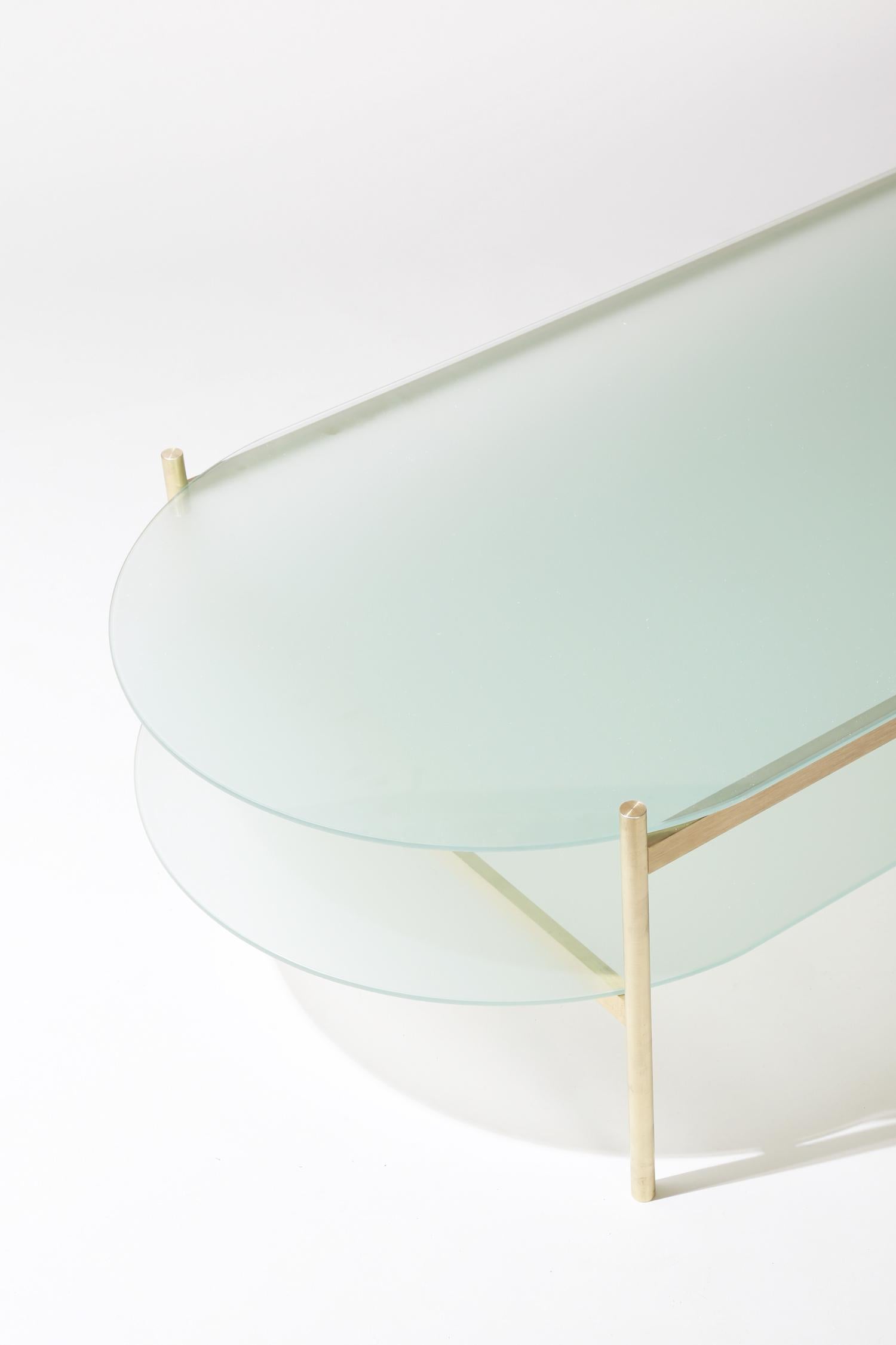 Duotone Pill Coffee Table, Brass Frame / Frosted Glass / Frosted Glass ...