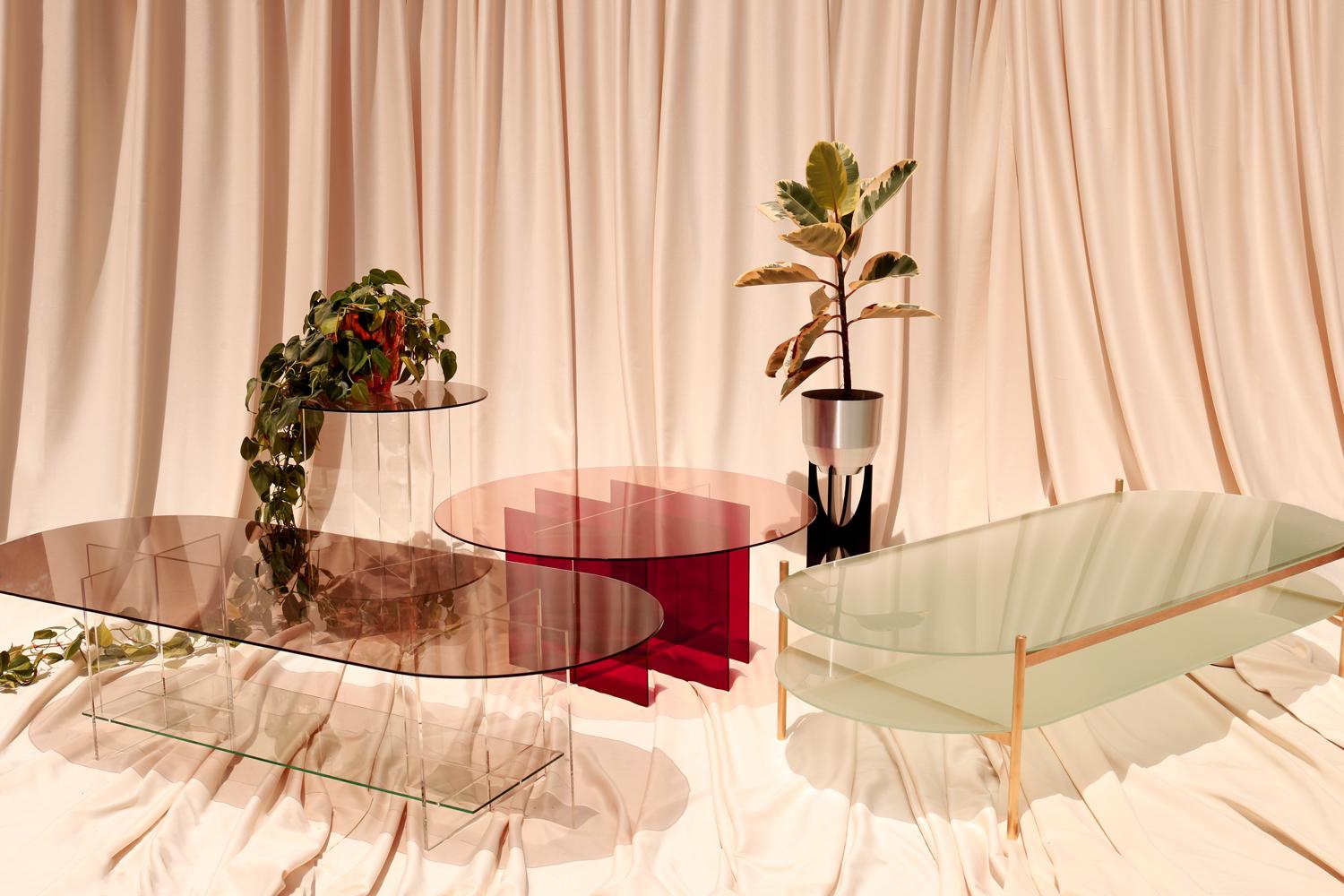 Duotone Pill Coffee Table, Brass Frame / Frosted Glass / Frosted Glass ...