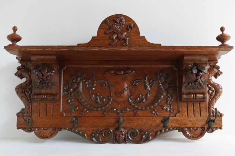 Dutch 19th Century Antique Renaissance Revival Coat Rack Oak Lion ...