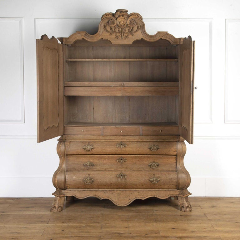 Dutch 19th Century Bombe Oak Linen Press at 1stDibs