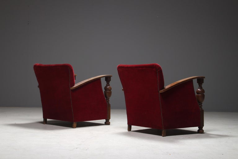 Dutch Art Deco Armchairs in Oak and Red Mohair, circa 1930s For Sale at ...