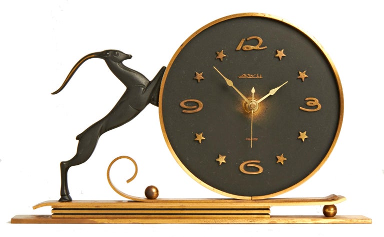 Dutch Art Deco Brass and Bronze Springbok Electric Mantel Clock by ...