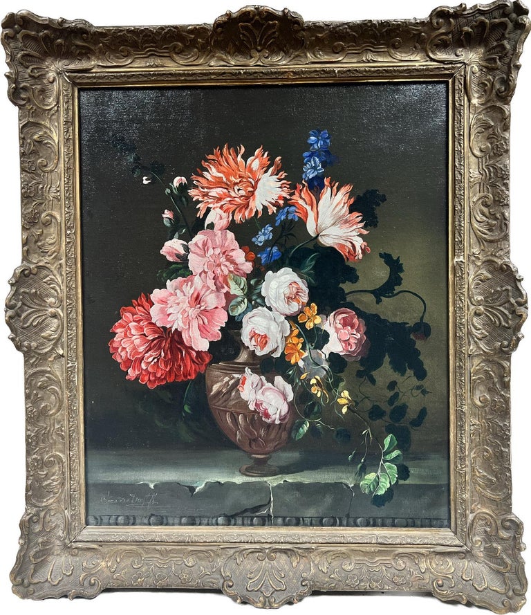 Dutch artist - Classical Still Life Vase Of Flowers On Table signed ...