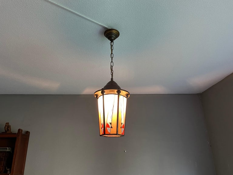 Dutch Arts and Crafts Brass and Fire Painted Opaline Glass Pendant ...