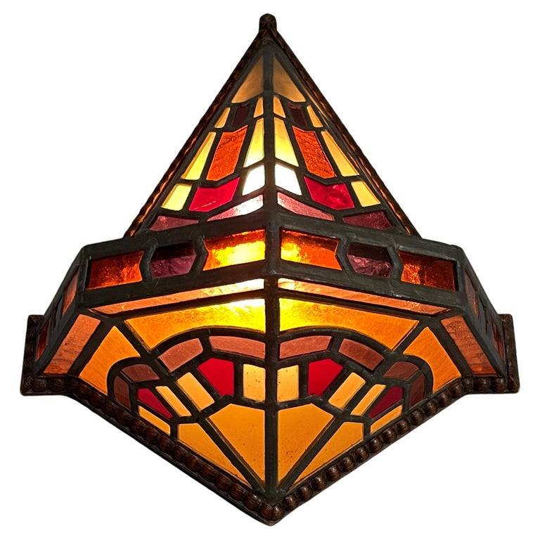 Dutch Arts and Crafts Stained Glass and Oak Hallway Wall Sconce ...