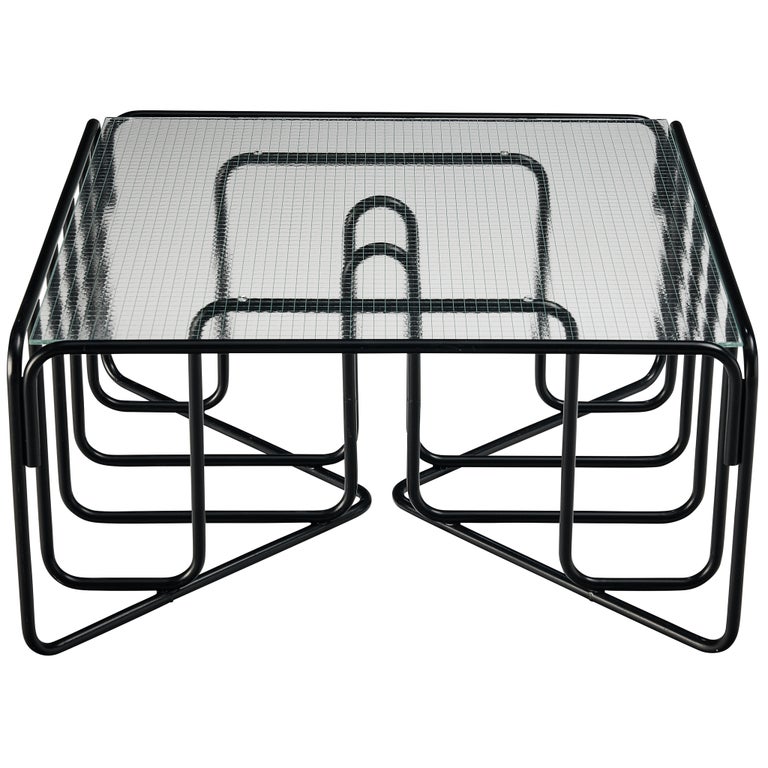 Dutch Black Tubular Coffee Table with Glass Top For Sale at 1stDibs