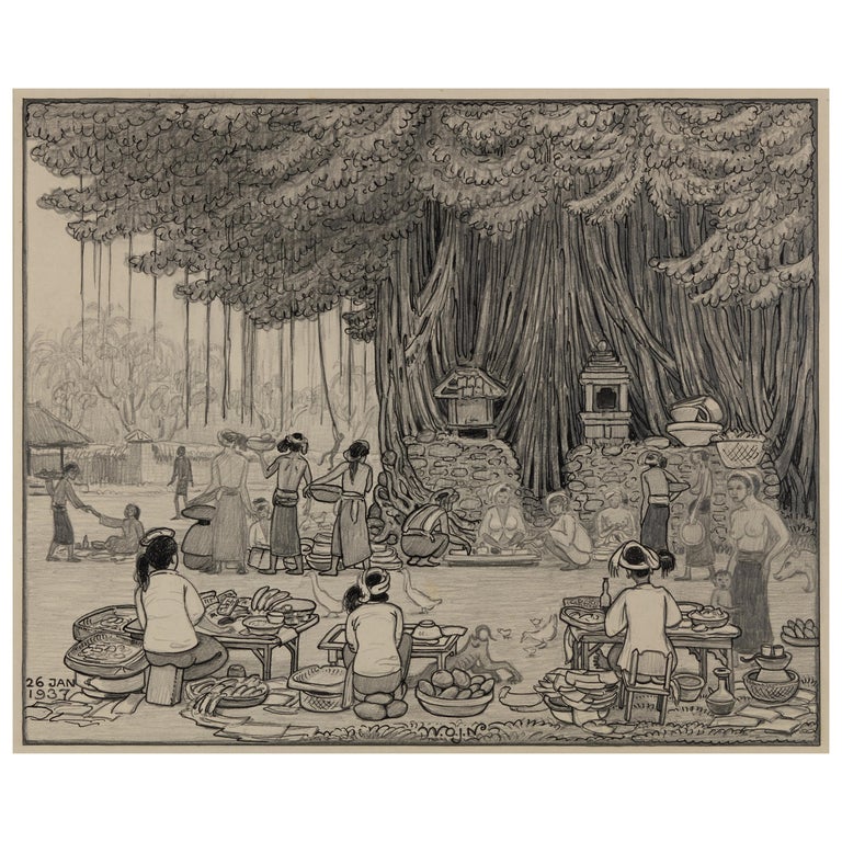 Dutch Colonial Drawing by WOJ Nieuwenkamp, Market under the Banyan ...