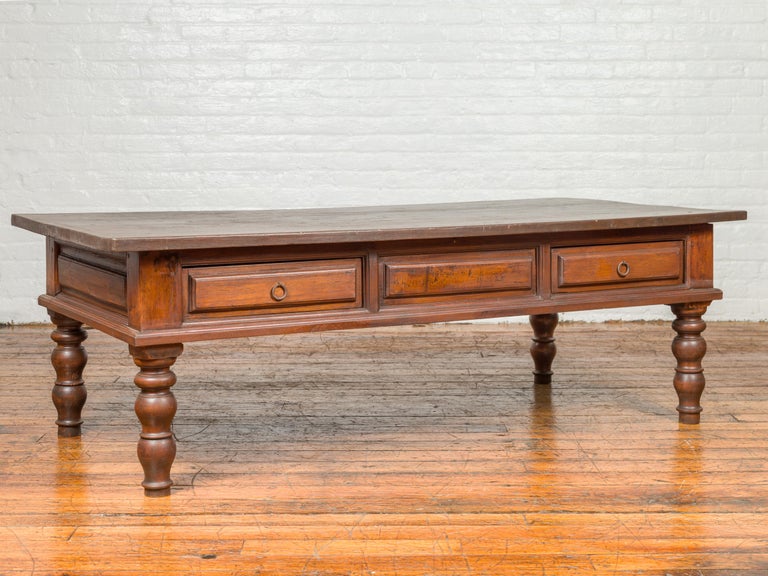 Dutch Colonial Late 19th Century Long Coffee Table with Drawers and ...