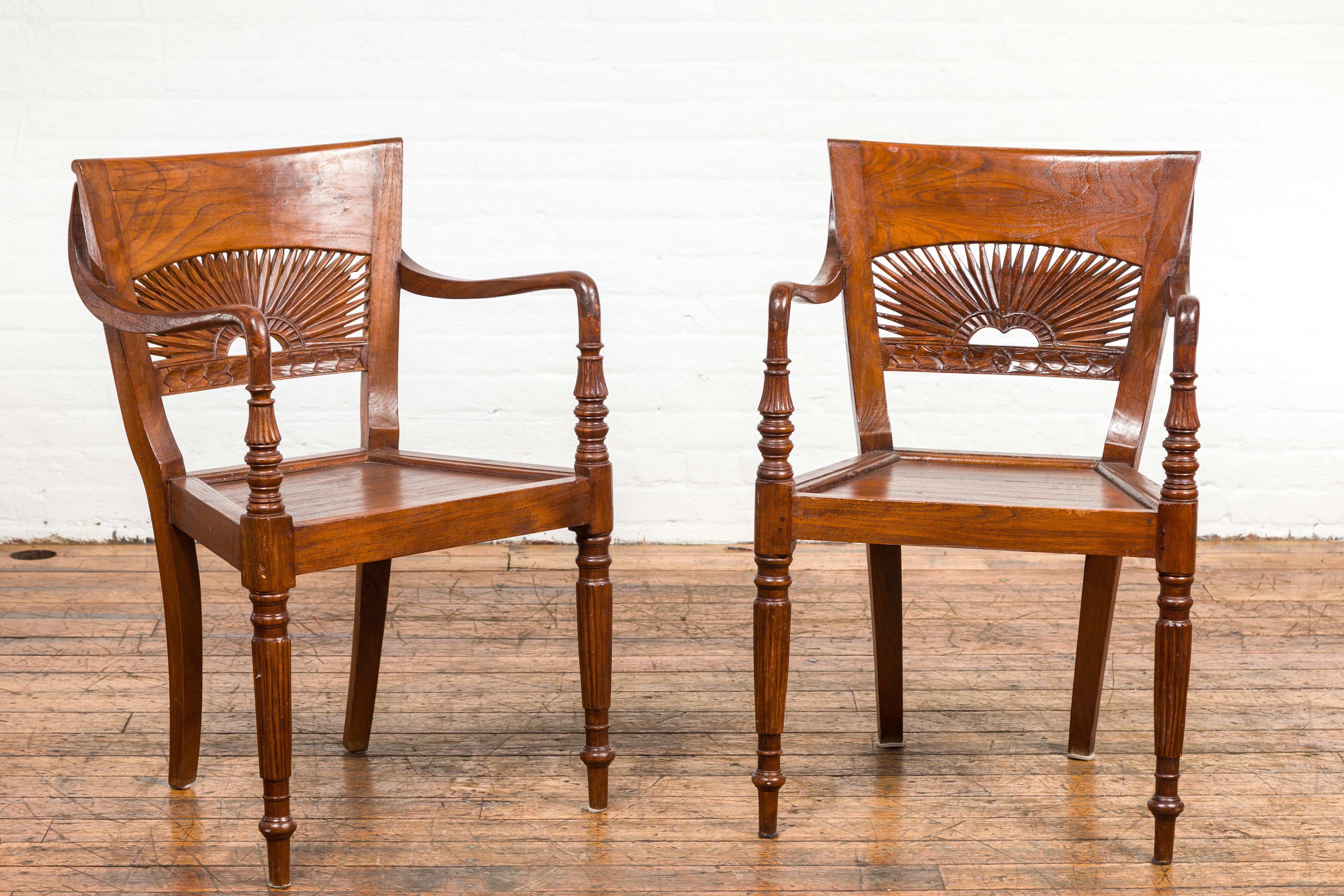Dutch Colonial Teak Dining Room Chairs with Carved Radiating Backs, Set ...