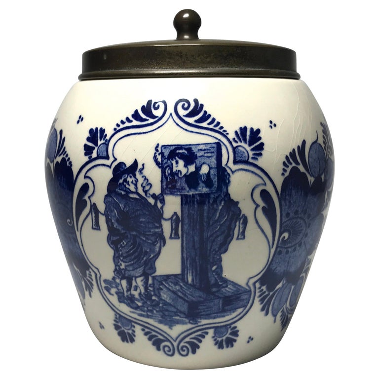 Dutch Delft Blue White Glazed Humidor Tobacco Jar Stocks Inscription ...