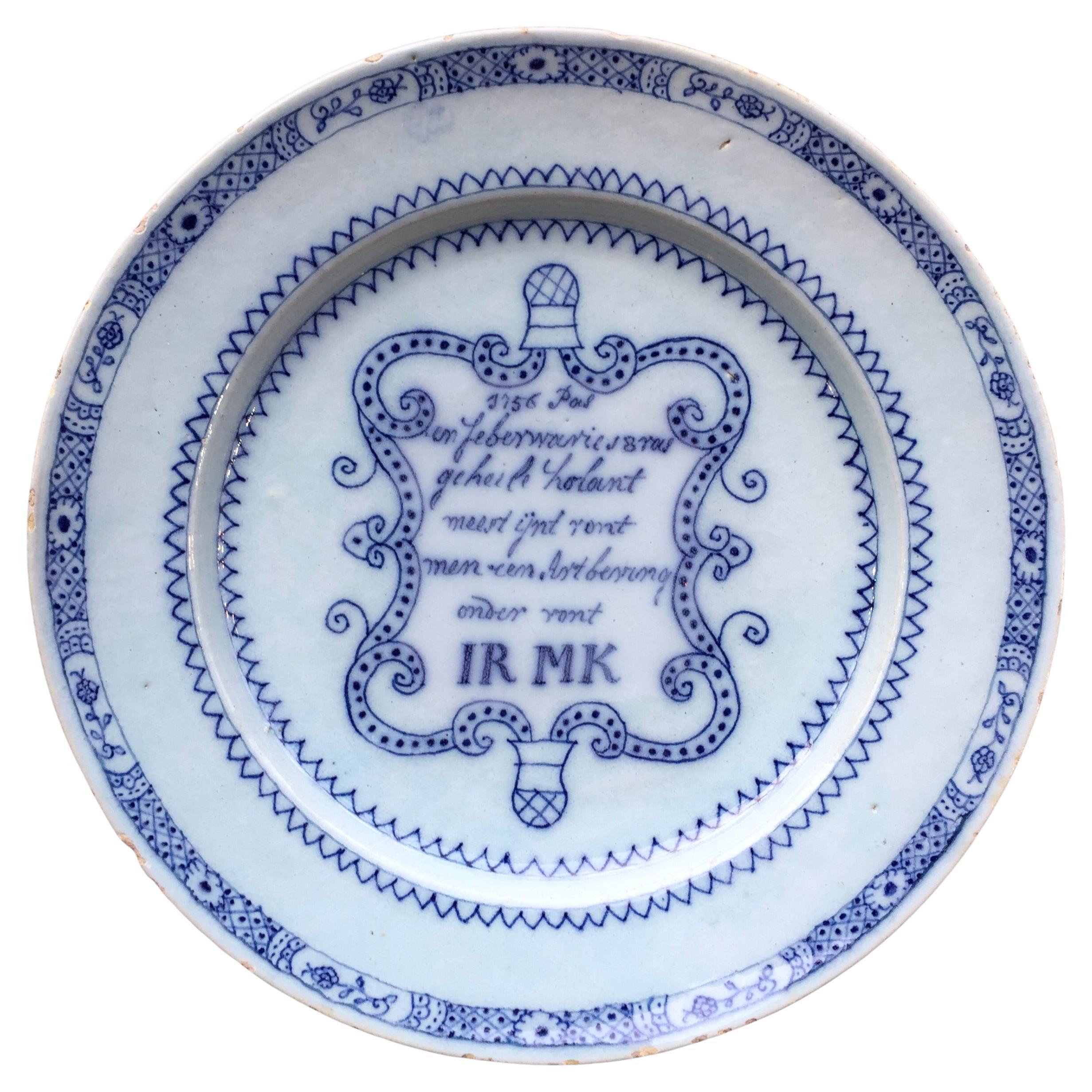 Dutch Delft Plate with Earthquake Memorial Text, 18th Century at 1stDibs