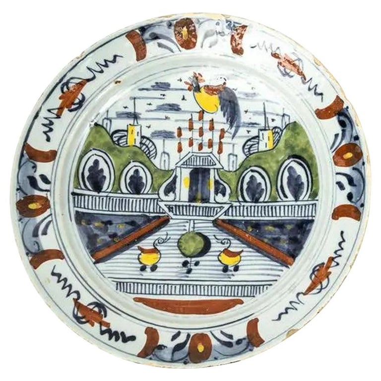 Dutch Delft Polychrome Plate with Garden Scene For Sale at 1stDibs
