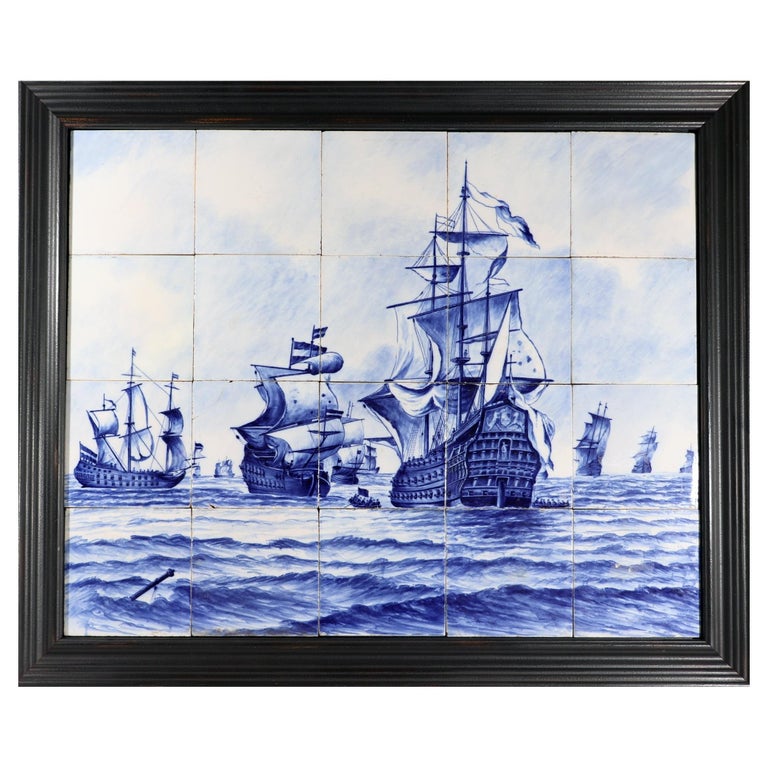 Dutch Delft Tile Large Picture of A Fleet of Ships For Sale at 1stDibs