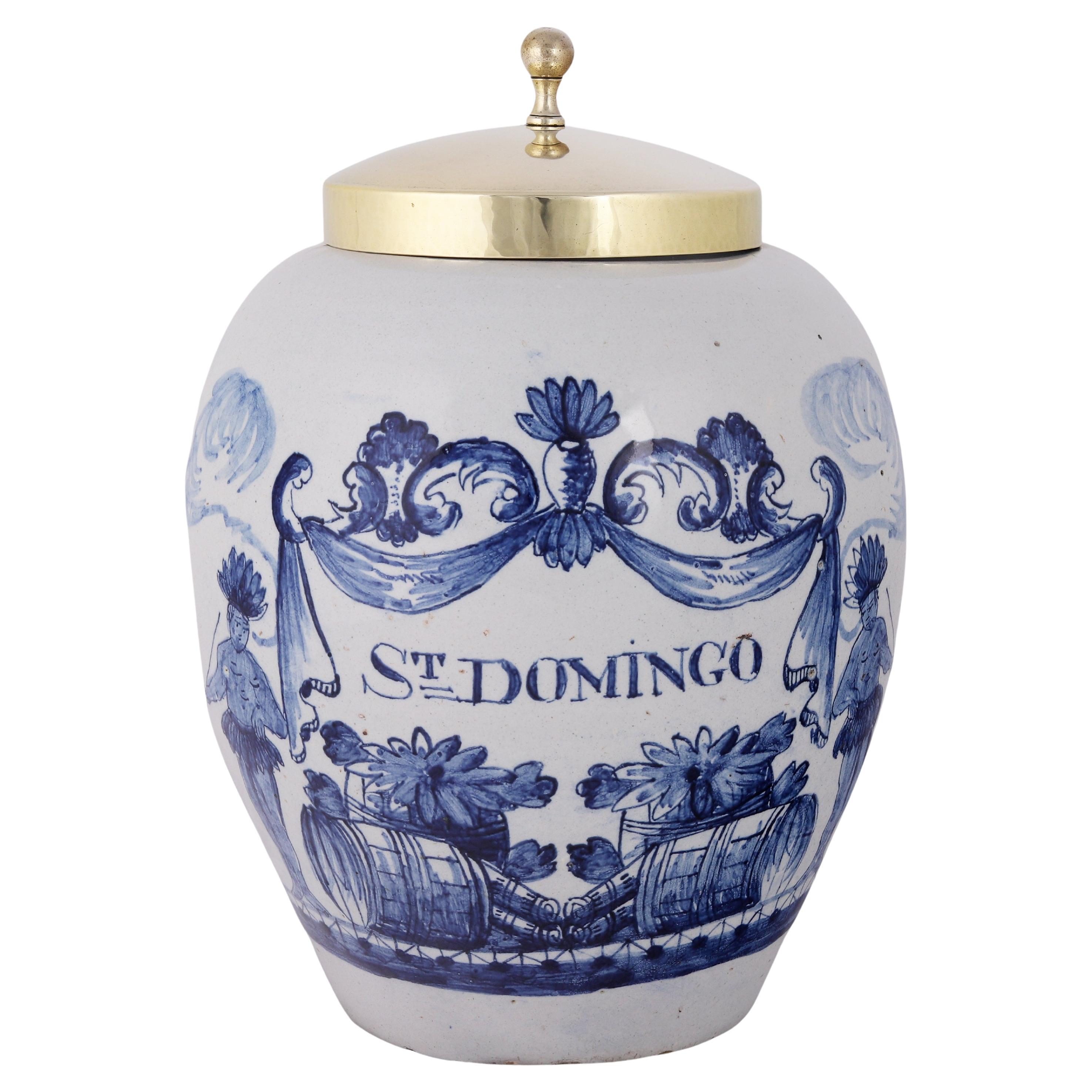 Dutch Delft Tobacco Jar with Original Brass Lid: Fisherman Rappe, 18th ...