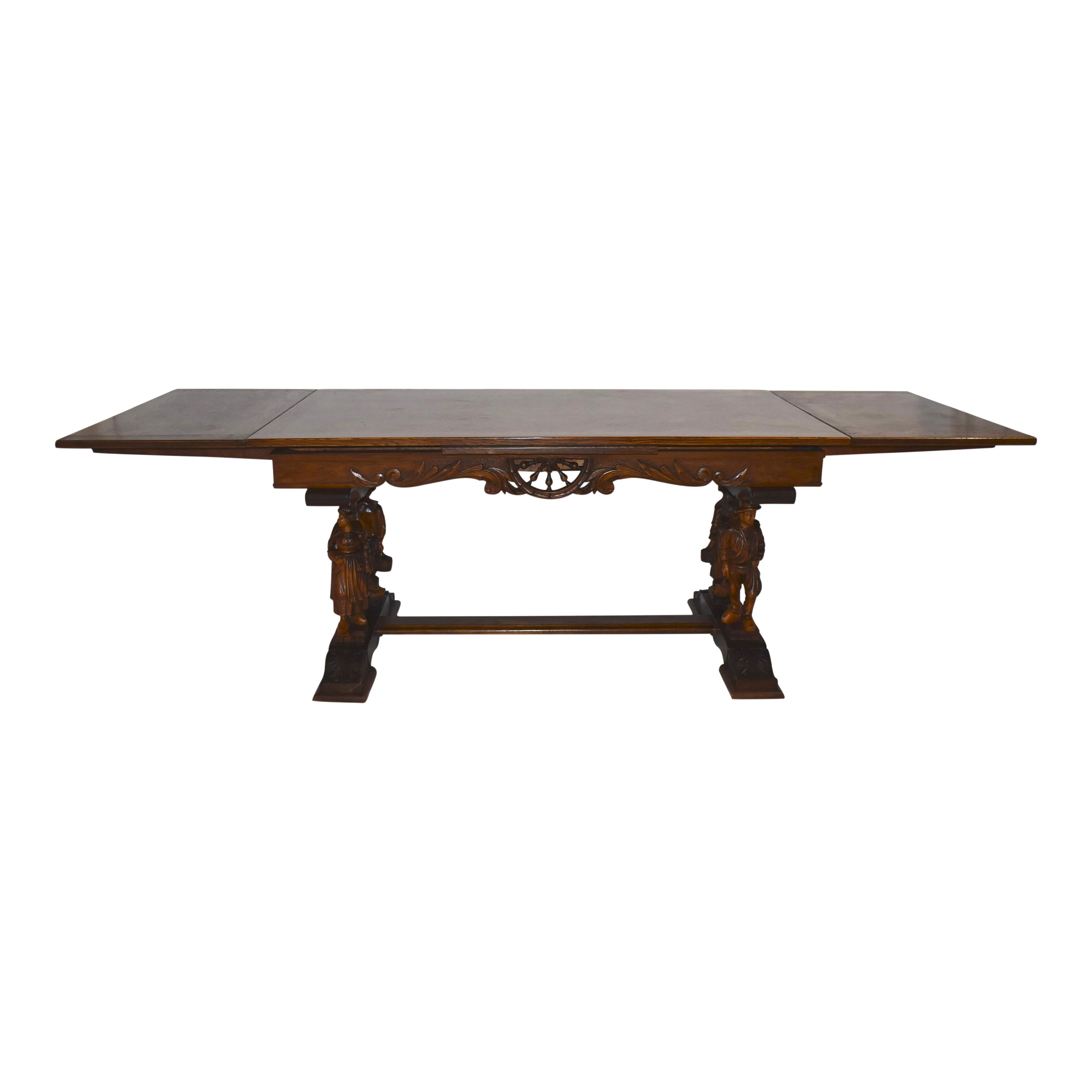 Dutch Draw Leaf Dining Table with Parquet Top and Carved Peasant Legs ...