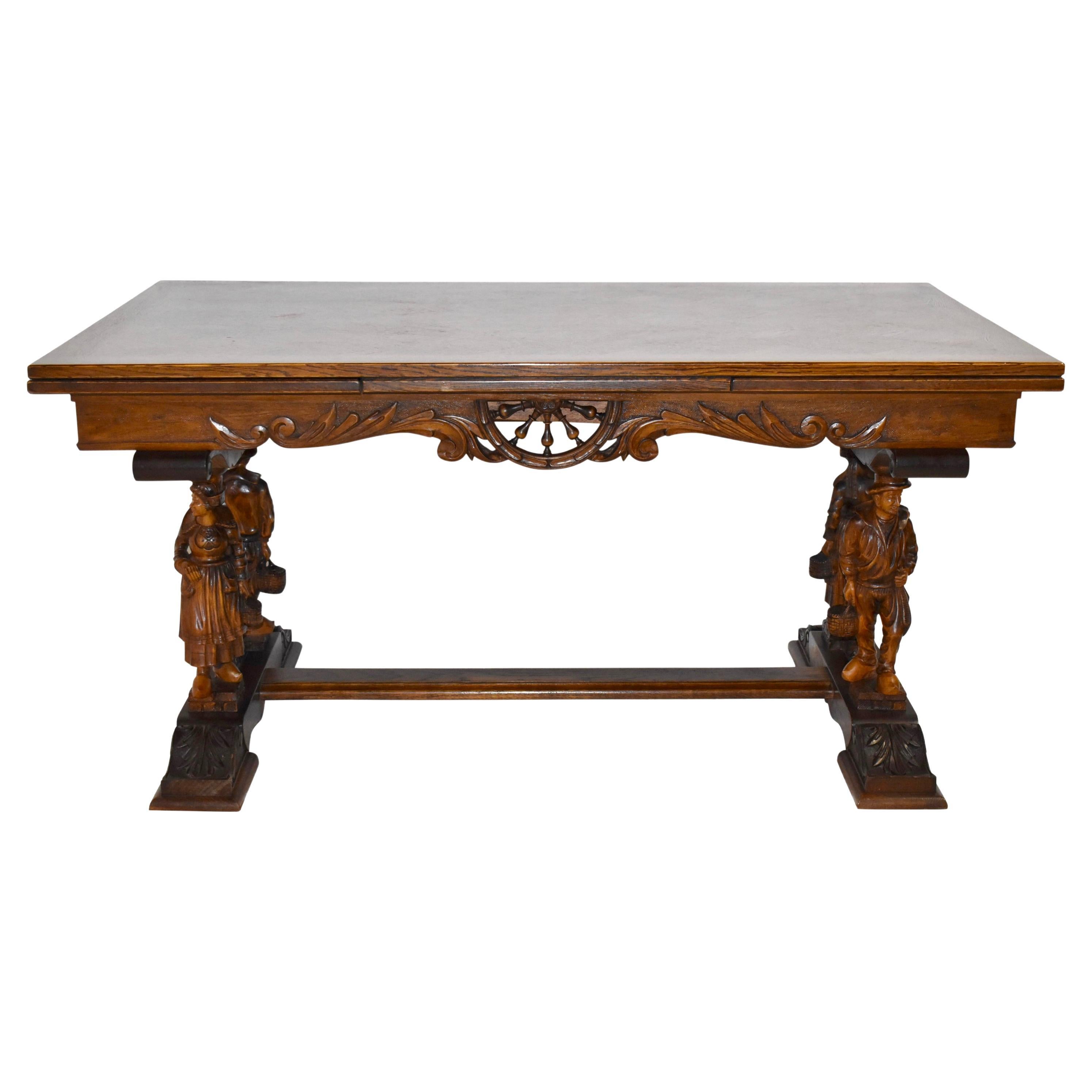 Dutch Draw Leaf Dining Table with Parquet Top and Carved Peasant Legs ...