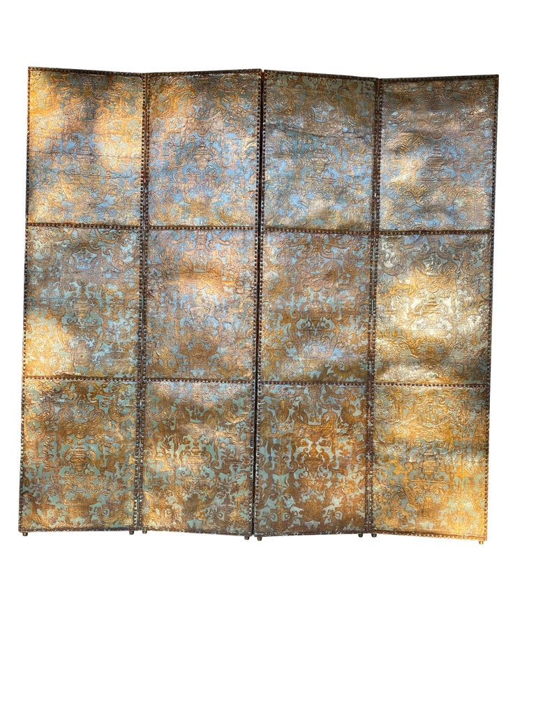 Dutch Embossed and Painted Leather Screen at 1stDibs