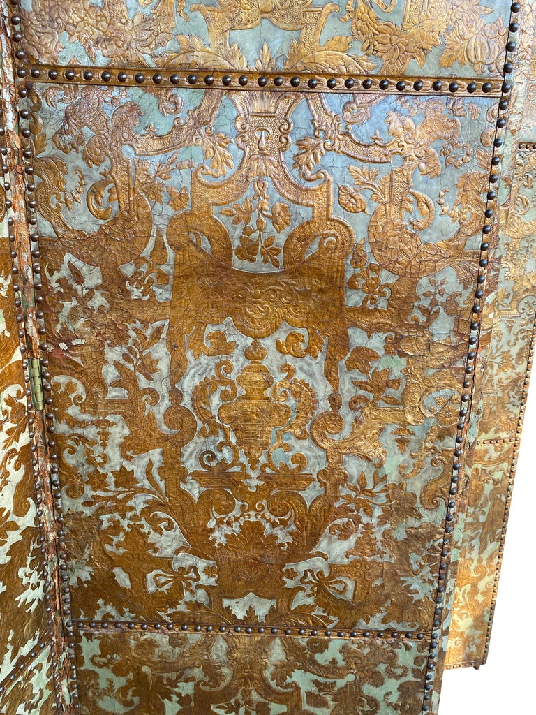 Dutch Embossed and Painted Leather Screen at 1stDibs