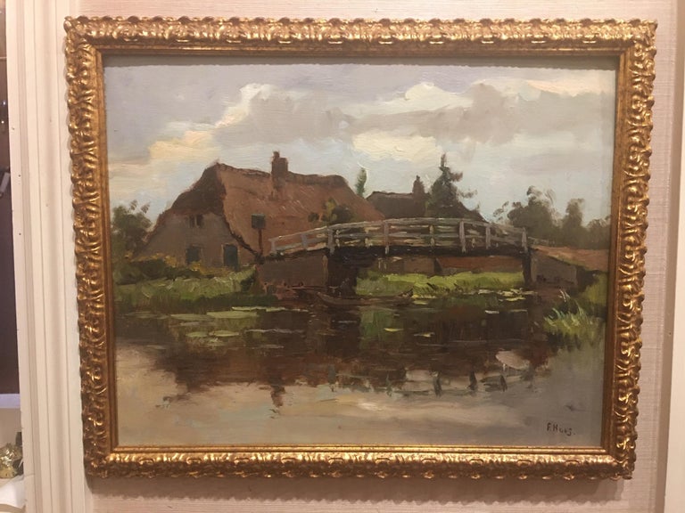 Dutch Framed Oil on Board River Scene by Frans Simon Hoos, Early 20th ...