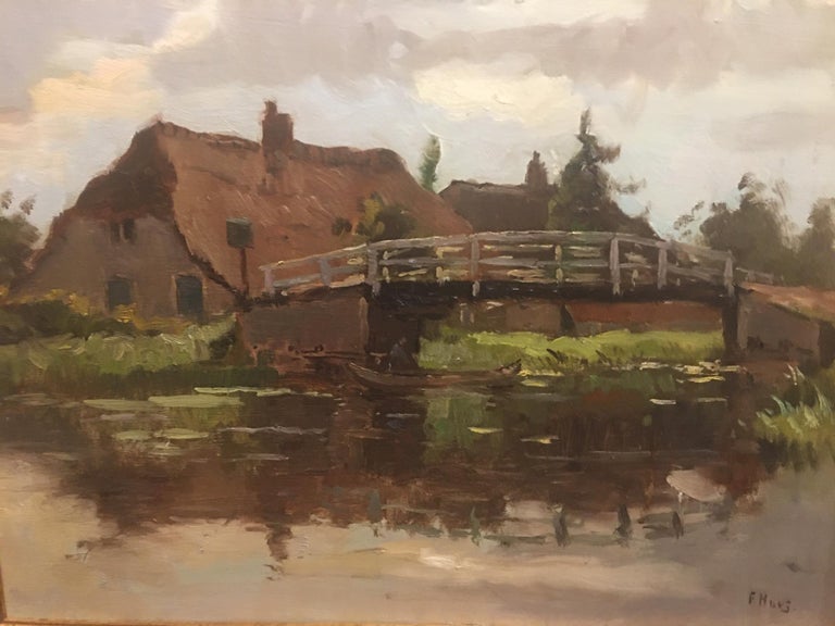 Dutch Framed Oil on Board River Scene by Frans Simon Hoos, Early 20th ...