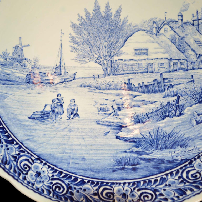 Dutch Hand Painted Boch Delft Platter Country Waterway Scene Blue/White ...