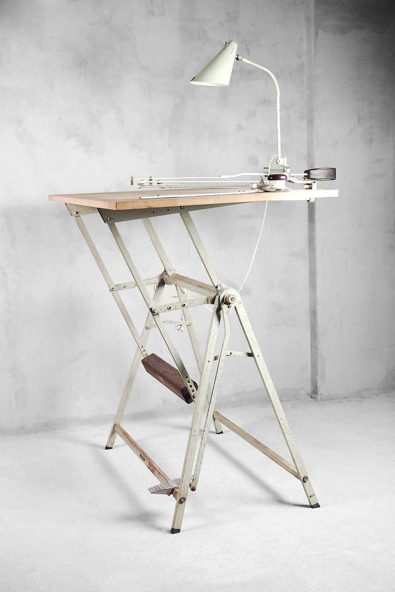 Dutch Industrial Drawing Table with Lamp and Drafting Machine by ...