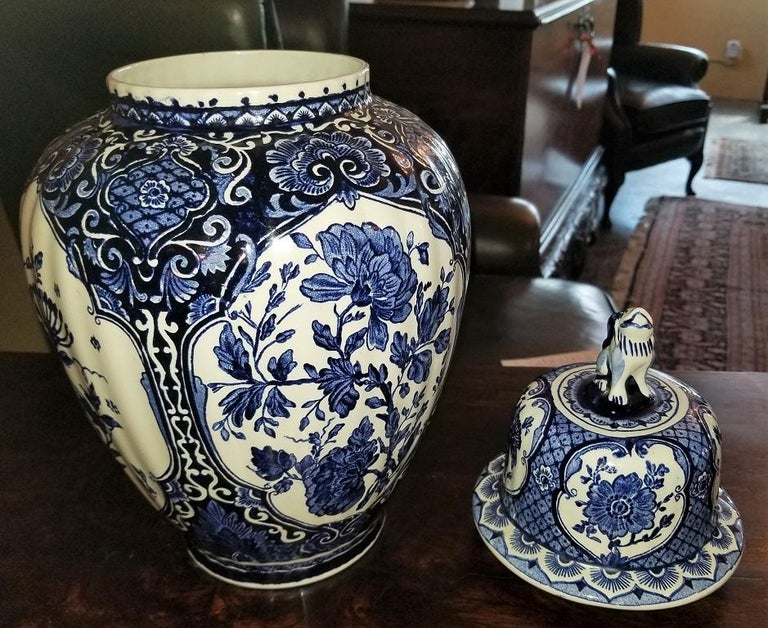 Dutch Large Boch Delft Foo Dog Royal Sphinx Lidded Vase or Urn at ...