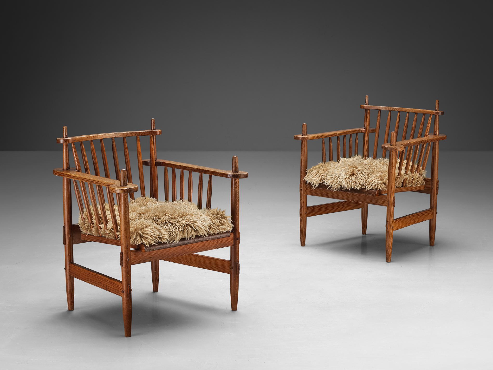 Dutch Pair of Rustic Armchairs in Solid Pine For Sale at 1stDibs