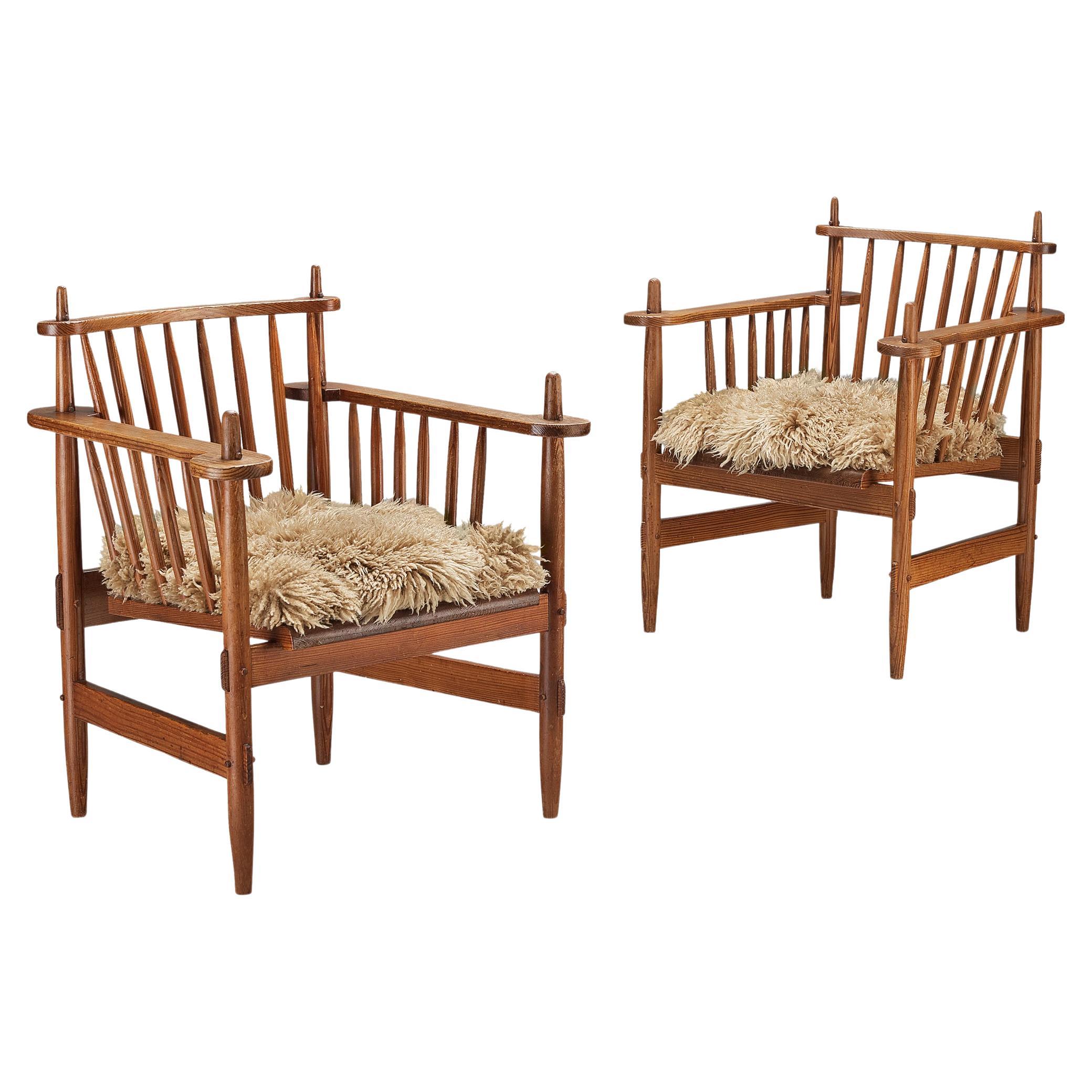 Dutch Pair of Rustic Armchairs in Solid Pine For Sale at 1stDibs
