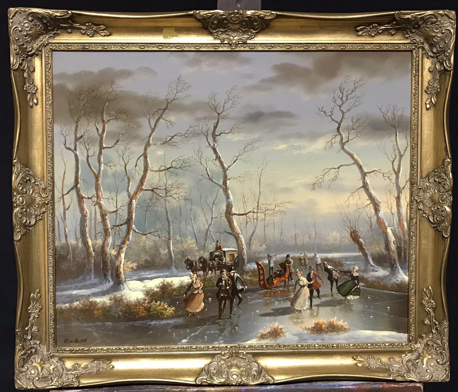 Dutch School - CLASSICAL DUTCH WINTER SCENE OIL PAINTING - FIGURES SKATING ON ICE - SIGNED For ...